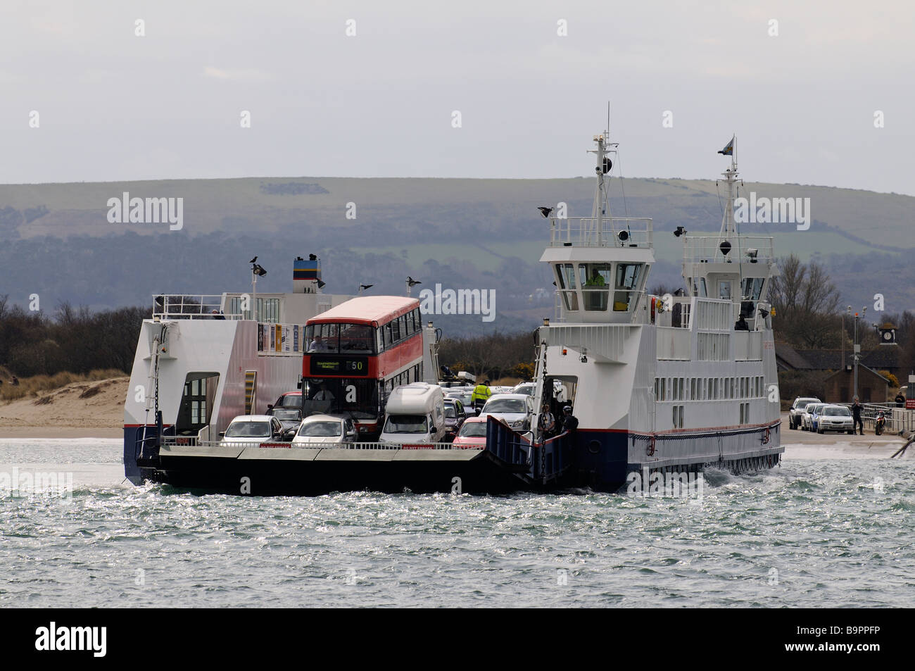 Chain ferry Bramble Bush Bay departing Shell Bay Dorset southern ...
