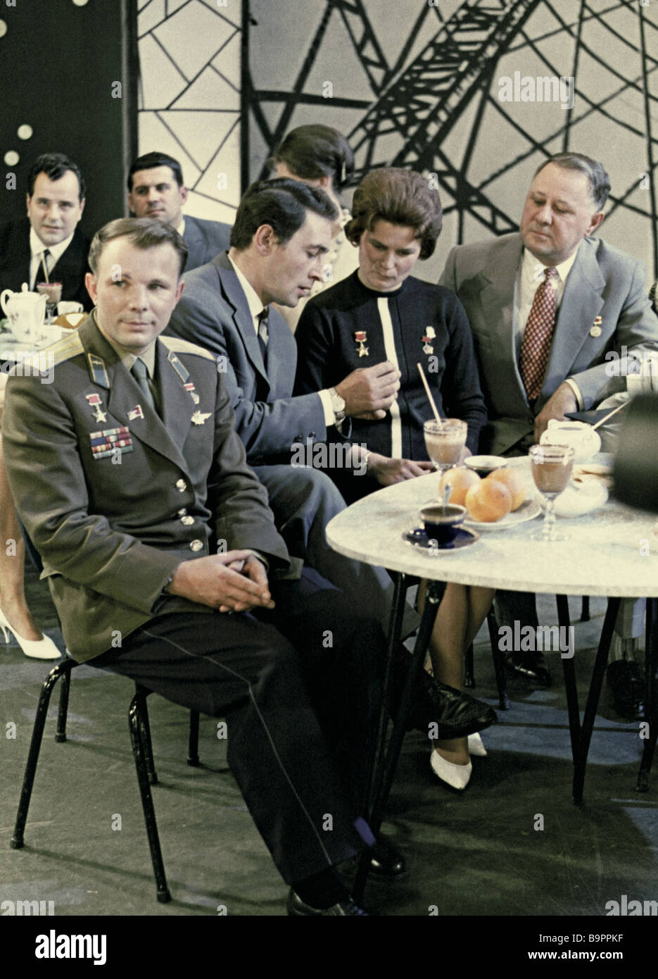 Guests of the Central TV Studio left to right Yuri Gagarin actor ...