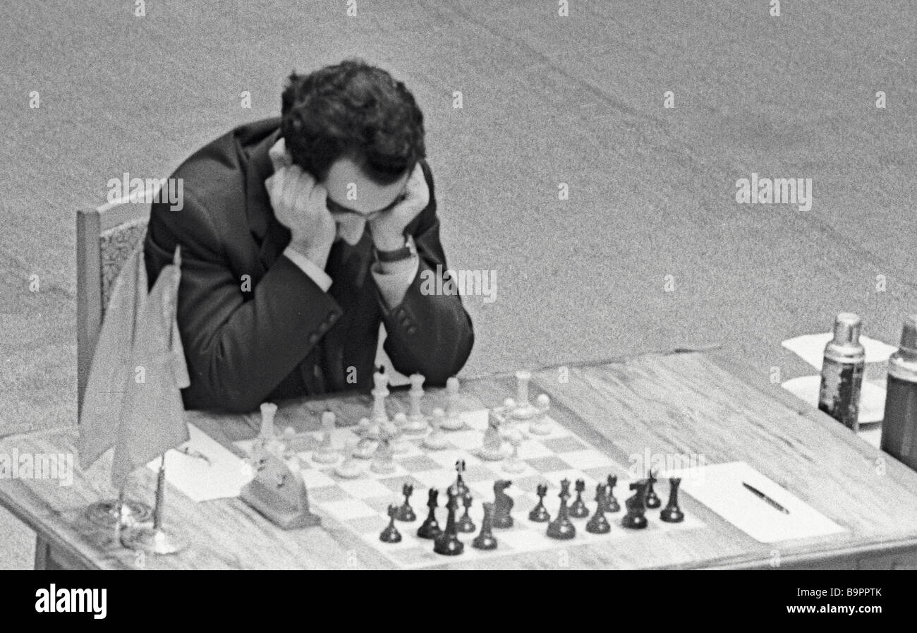 World chess champion Tigran Petrosian thinks over the next move Stock ...