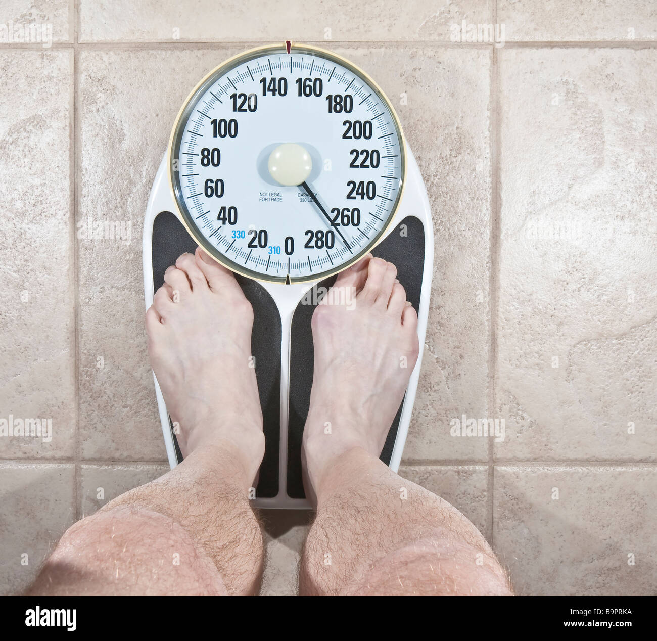 Person in bare feet and legs standing on scale reading 270 lbs Stock ...