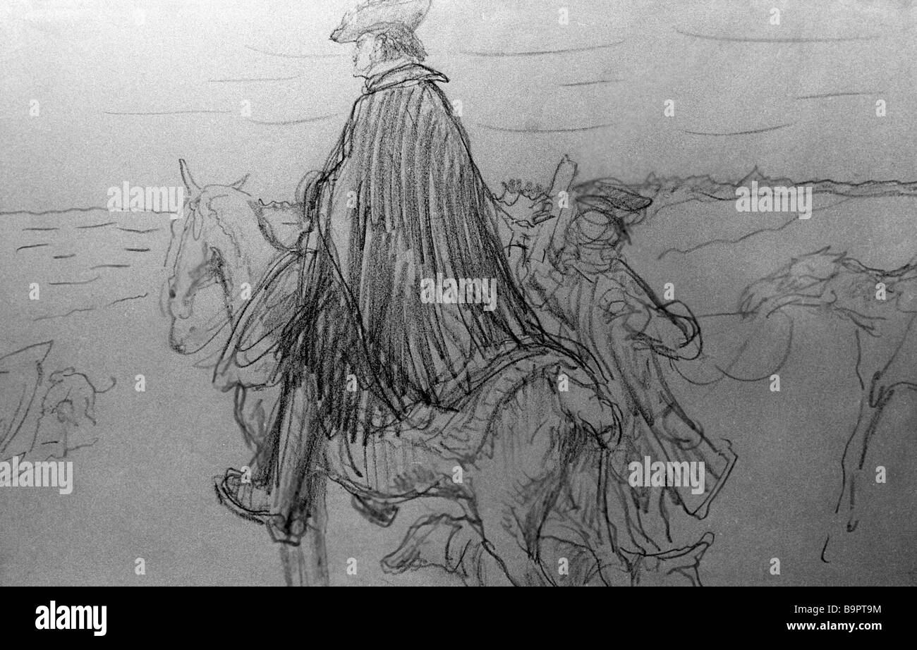 Reproduction of drawing Peter the Great on Horseback by Valentin Serov ...