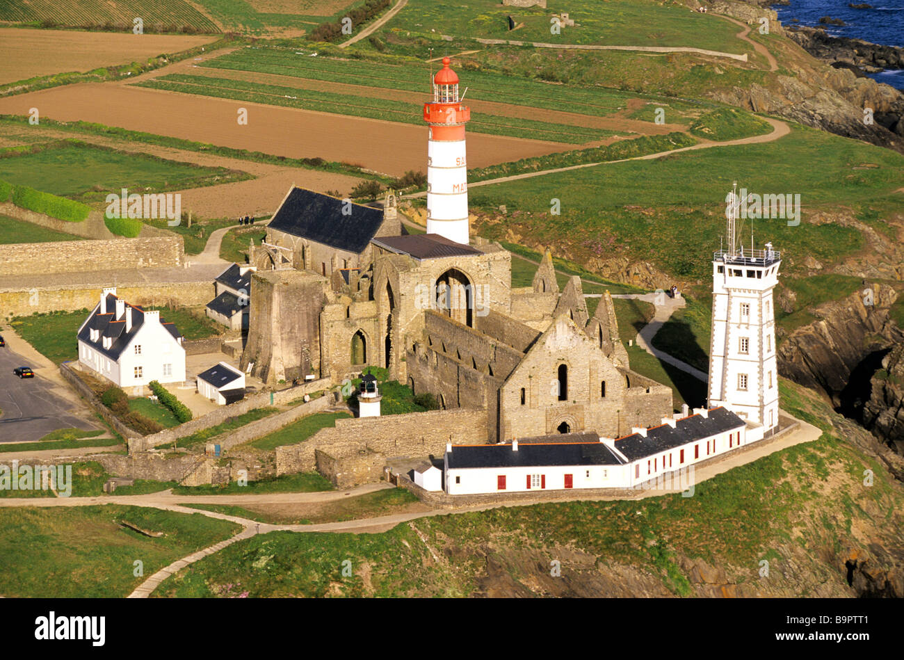 France, Finistere, Pointe Saint Mathieu, lighthouse and abbey (aerial ...