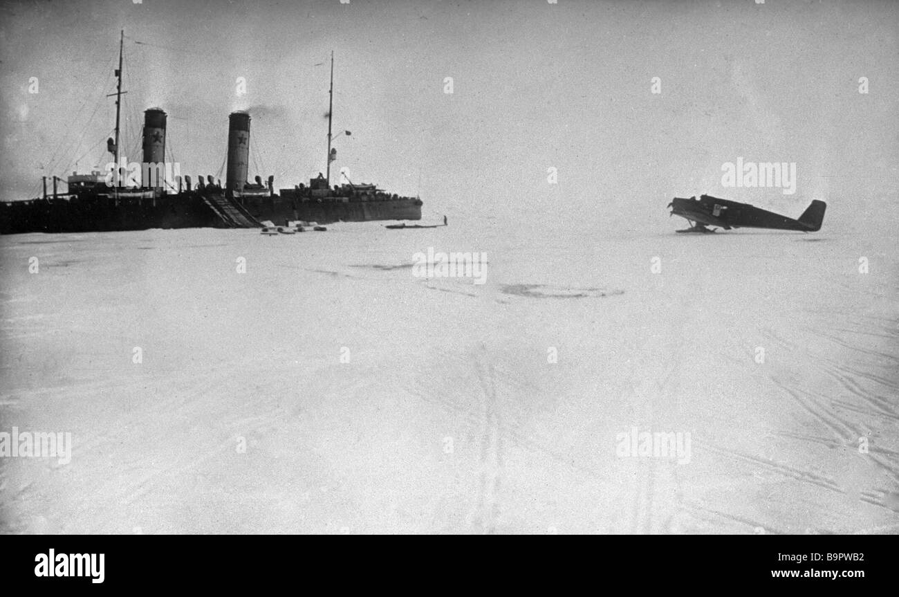 Krasin icebreaker and an airplane in the Arctic floes Nobile rescue ...