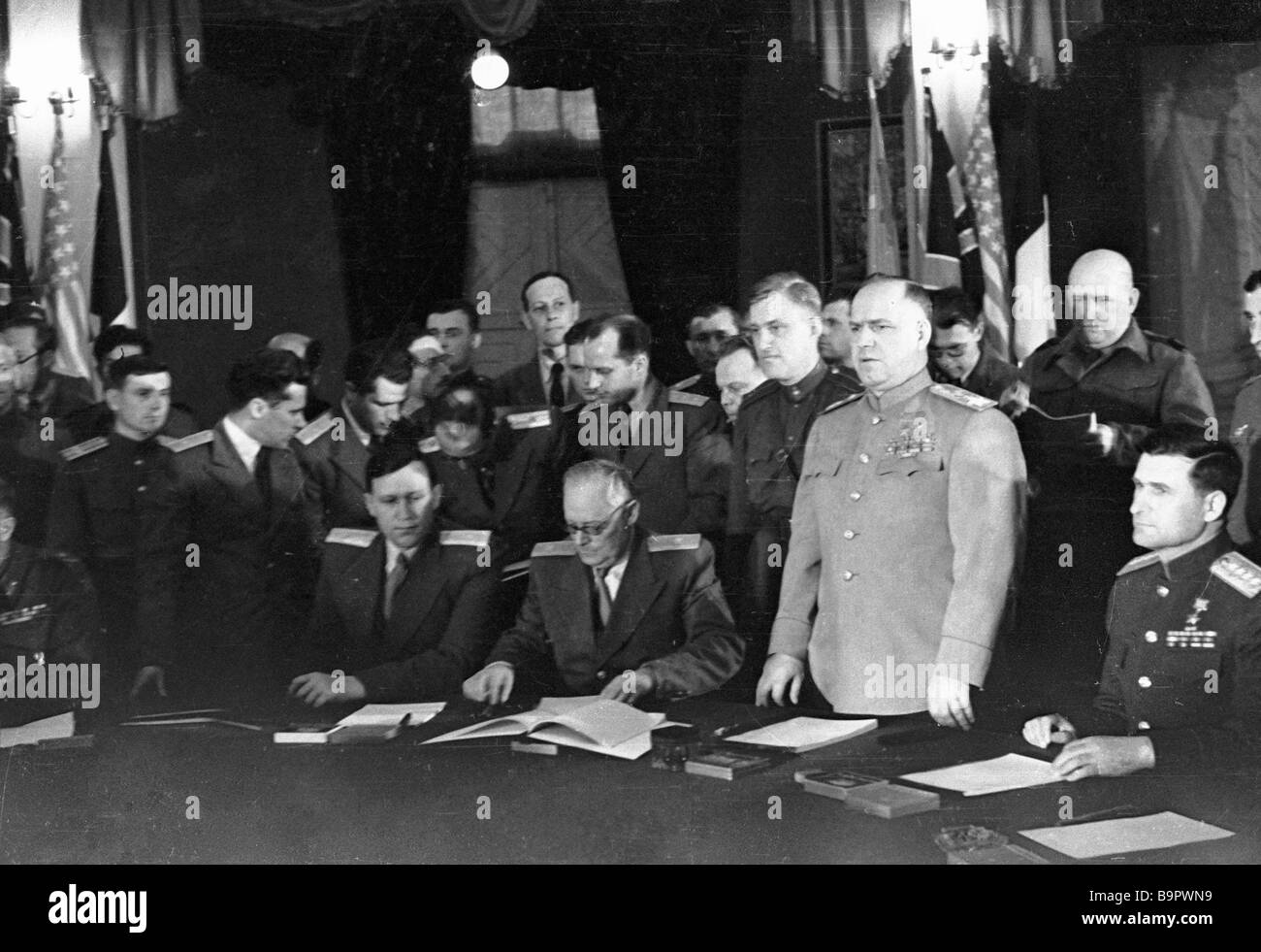 Marshal of the Soviet Union Georgy Zhukov speaking after the signing of ...