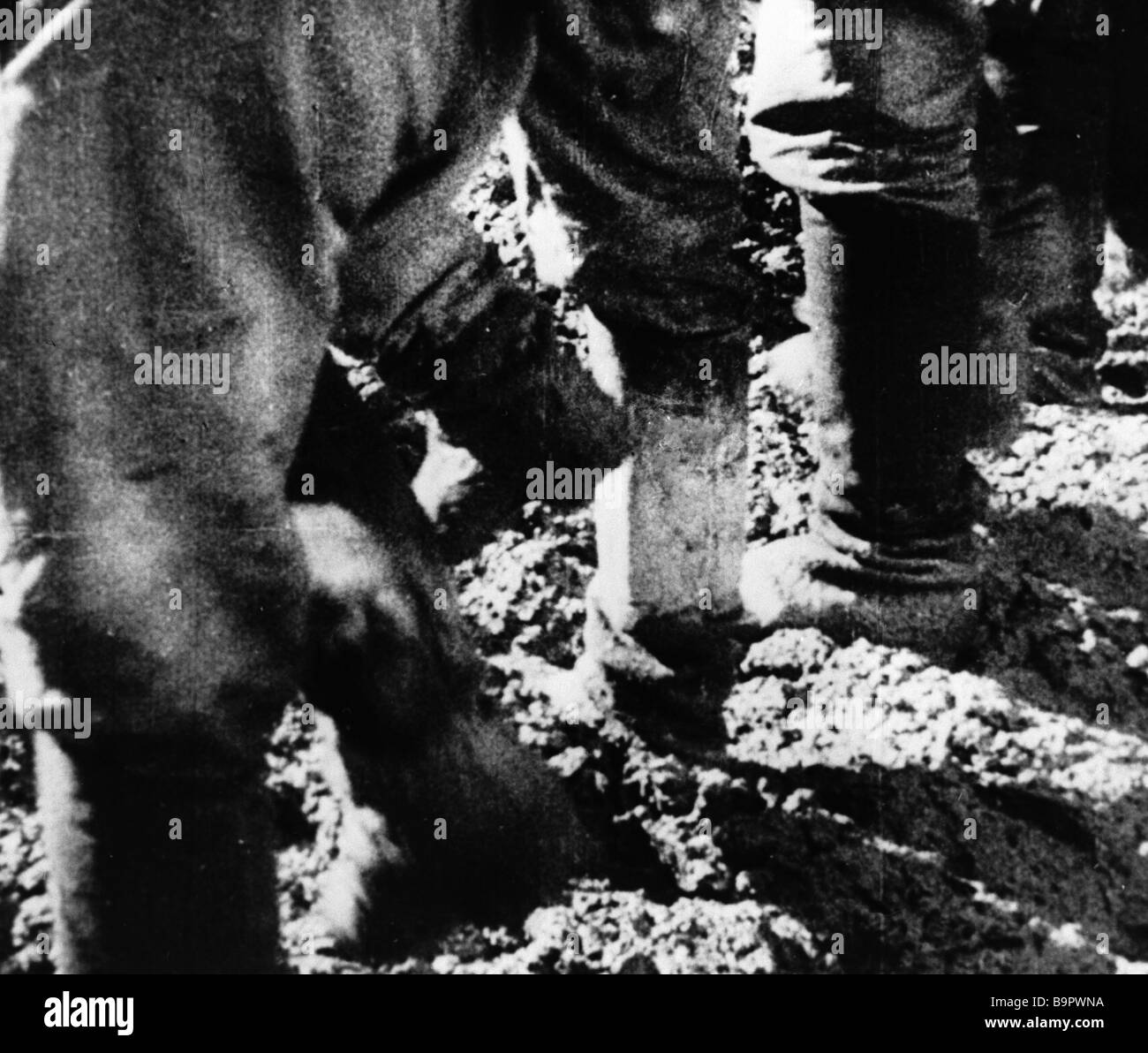 Ramming concrete on the Dnieper Hydropower Plant construction site ...