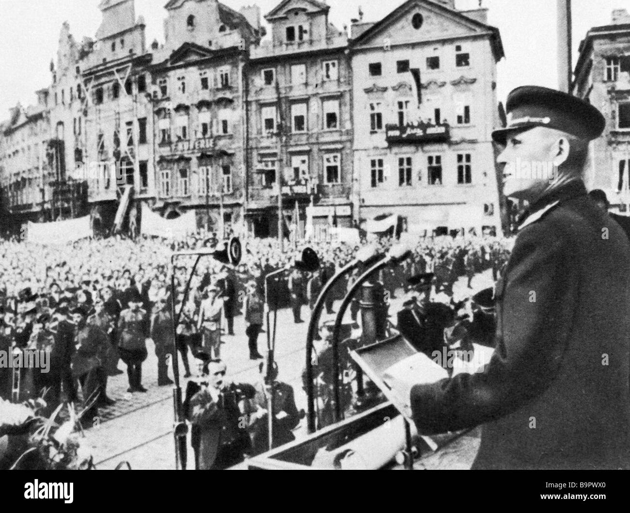 Soviet Union Marshal Ivan Konev speaks before Prague residents upon ...