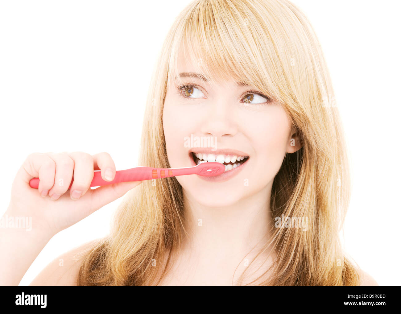 picture of happy girl with toothbrush over white Stock Photo - Alamy
