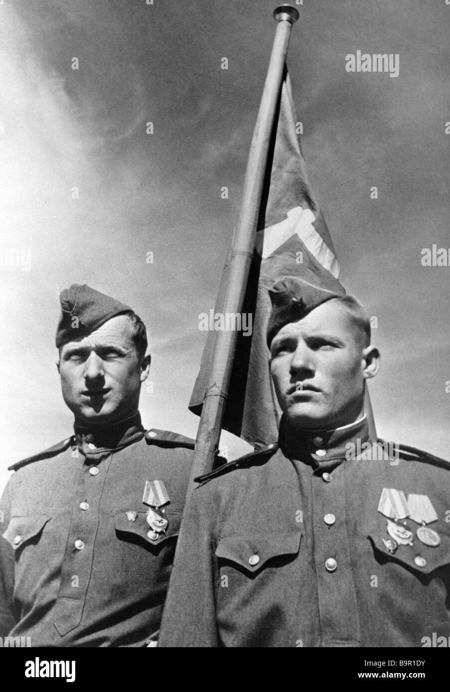 Soviet soldiers Mikhail Yegorov right and Meliton Kantaria left who hoisted the Victory Banner ...