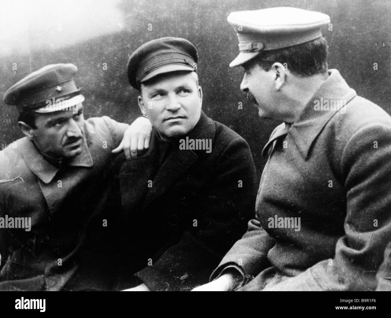 Anastas Mikoyan left Sergei Kirov center and Josef Stalin right talking ...
