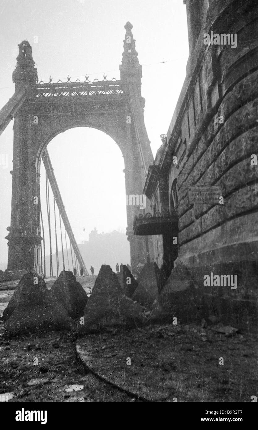 A bridge across the Danube in Budapest destroyed by retreating Nazis ...