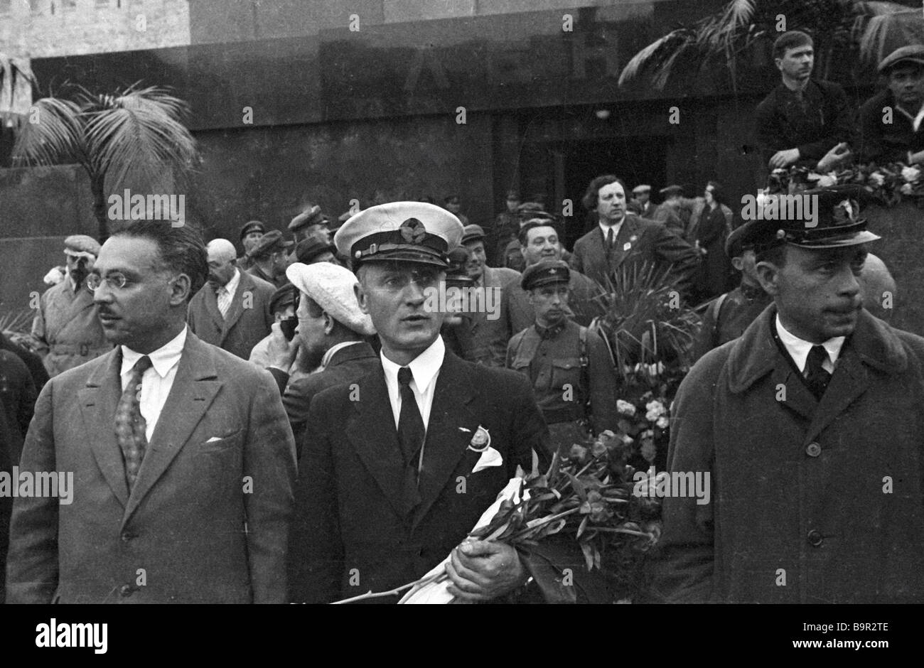 Pilot and Hero of the Soviet Union Mavriky Slepnyov center at a meeting ...