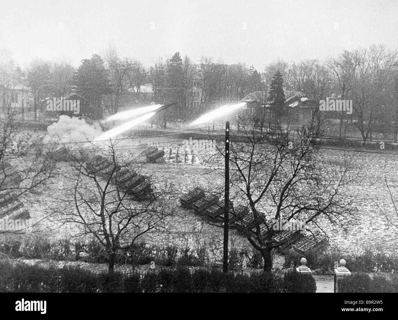 Heavy rocket launchers firing at Nazi strongholds near Budapest Stock ...