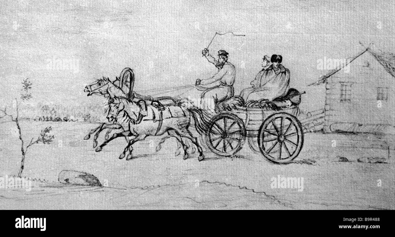 Reproduction of Mikhail Lermontov s drawing The Troika from collection ...