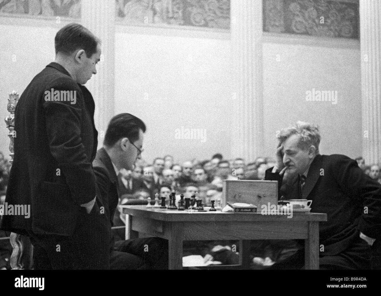 Grand Masters Mikhail Botvinnik left and Emanuel Lasker right facing ...