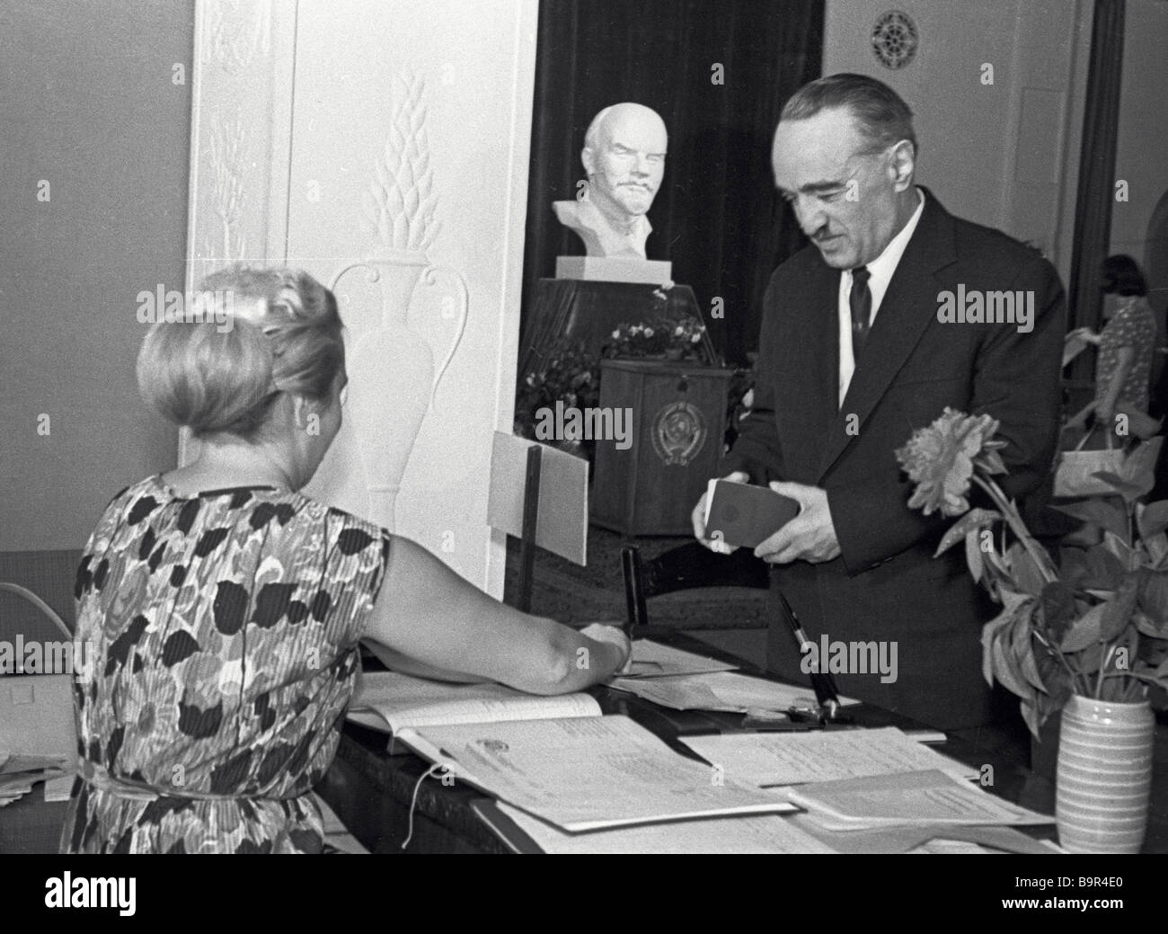 Anastas Mikoyan right receiving ballot papers during elections of the U ...