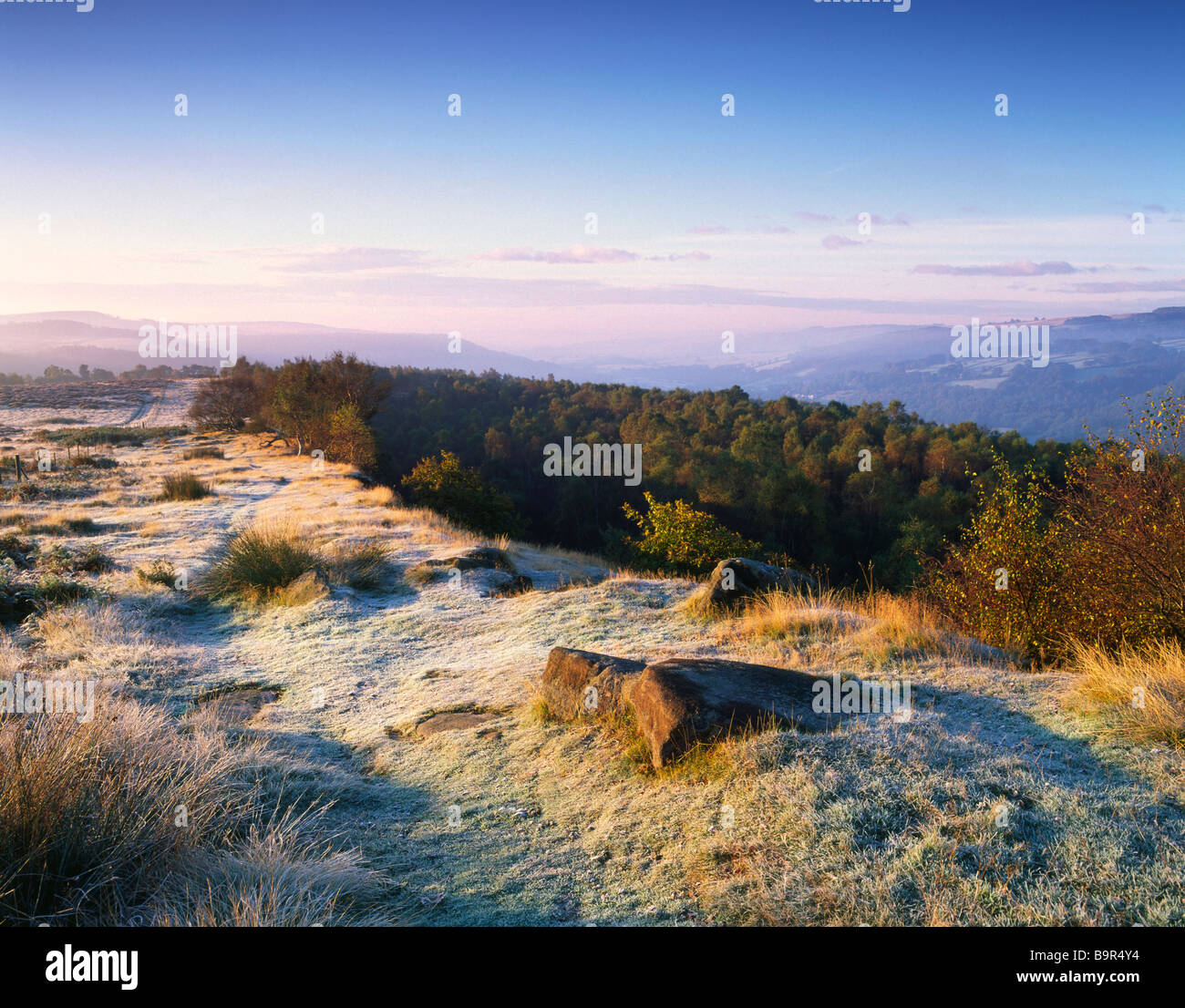 Frosty morning overlooking Bole hill wood in the Peak district ...