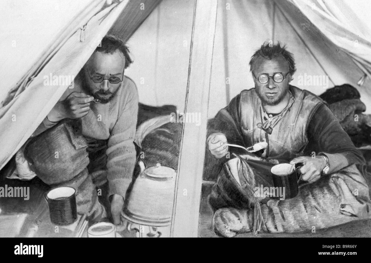 Georgy Ushakov and Nikolai Urvantsev in a tent during the Northern Land ...
