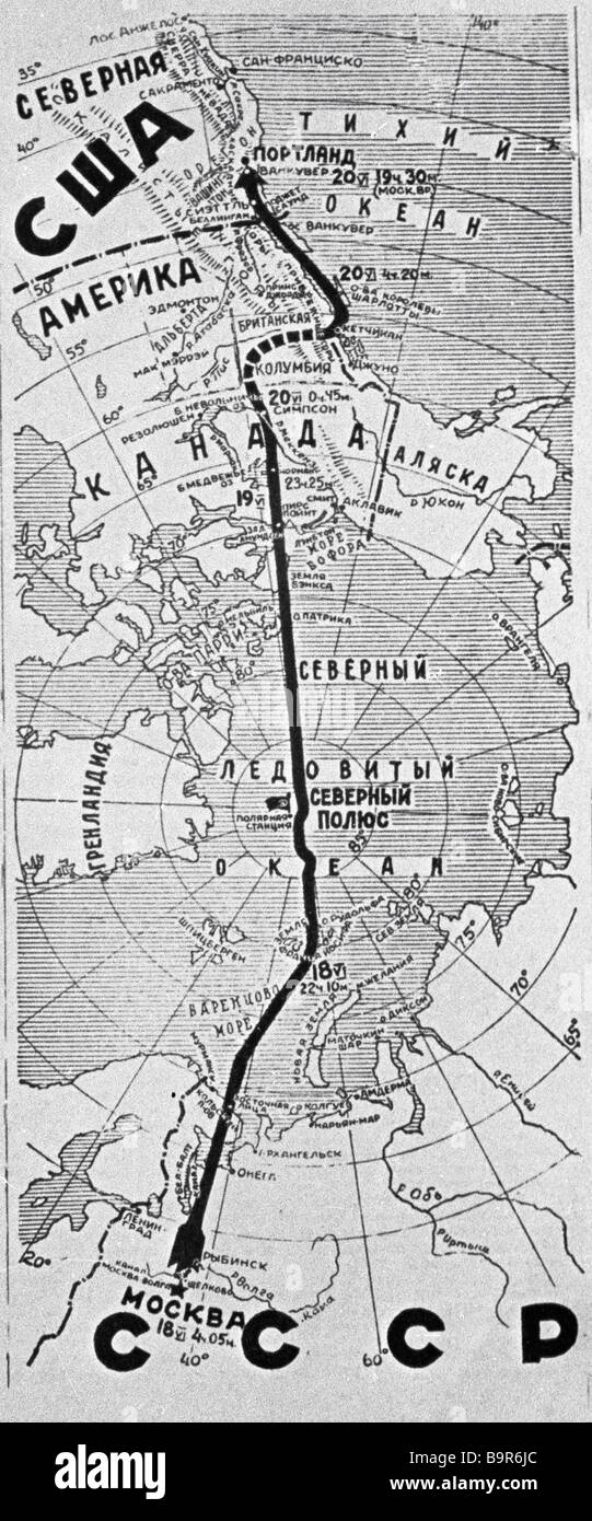 The flight route of Soviet pilots Valery Chakolov Georgy Baidukov and ...