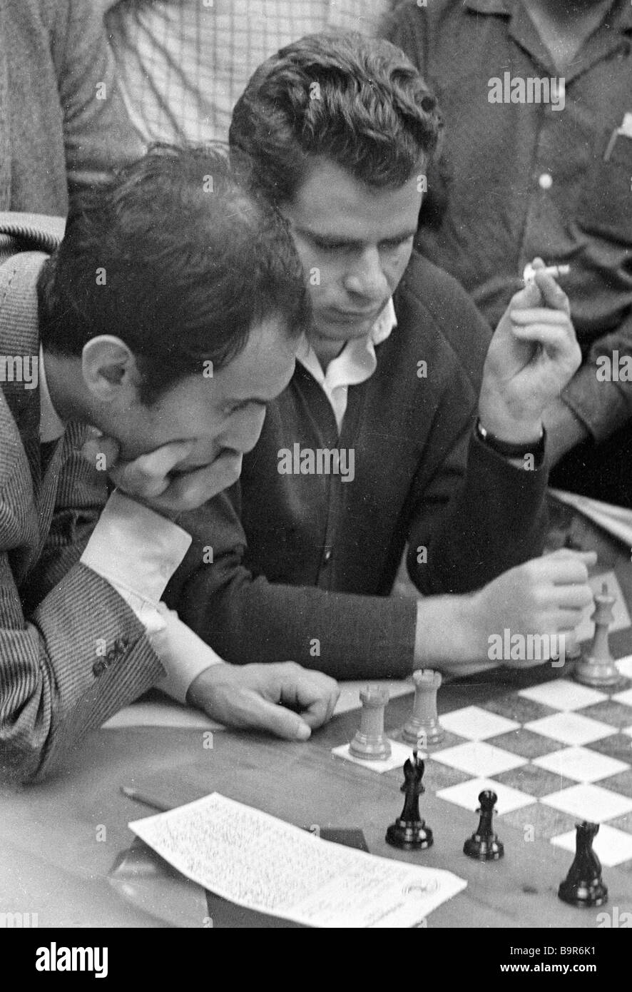 Boris Spassky right and Mikhail Tahl left pondering over the game of ...