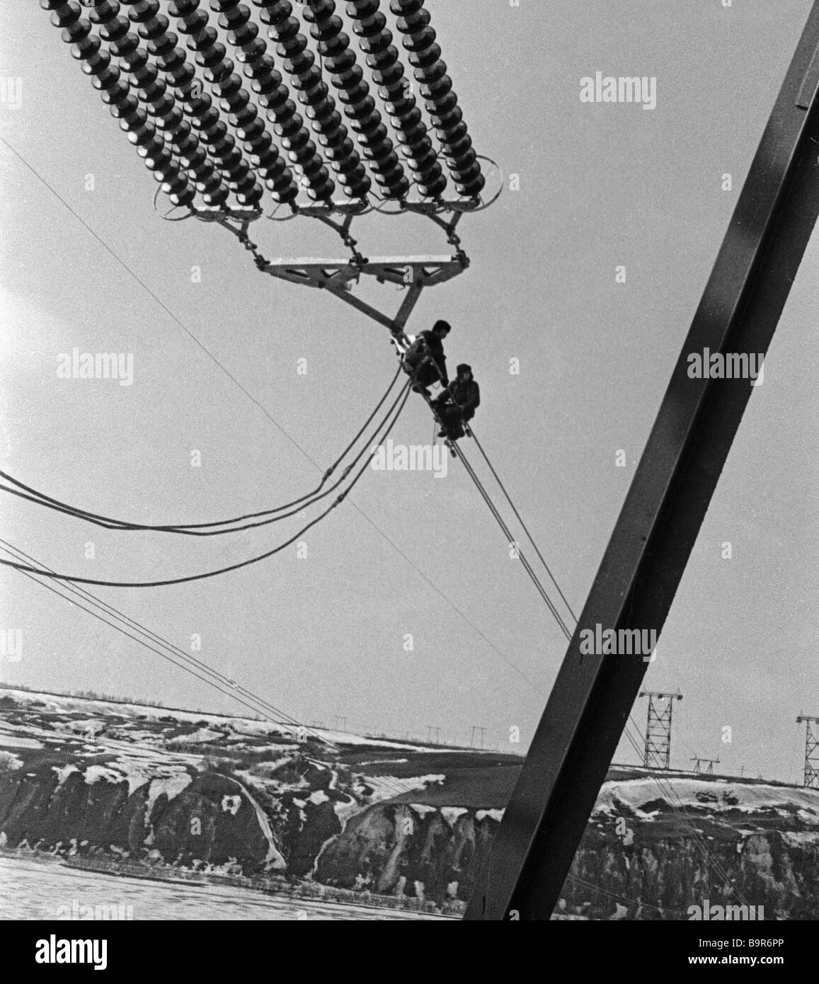 Power bridge across the Yenisei River transmitting electricity ...