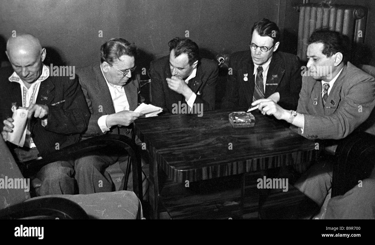 Soviet writers left to right Aibek Mikhail Isakovsky Valentin Katayev ...