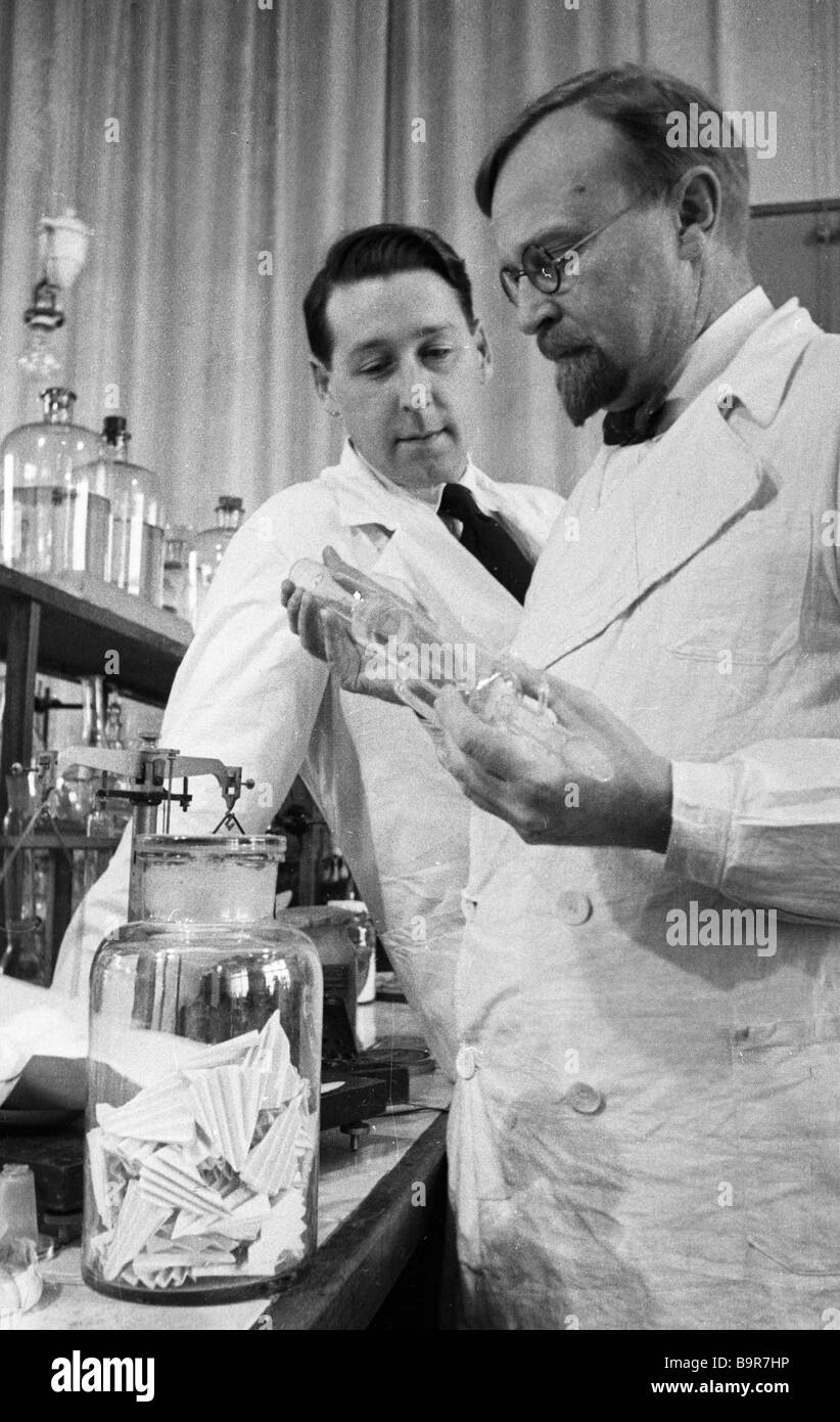 Biochemist Alexander Oparin right member of the U S S R Academy of ...
