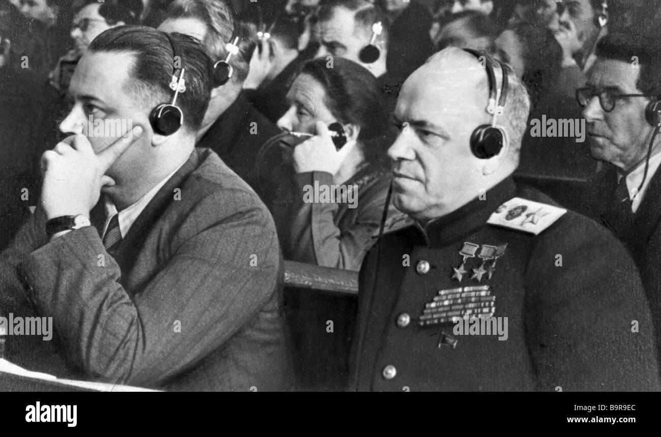 Soviet Union Marshal Georgi Zhukov right listens to the speaker at the ...