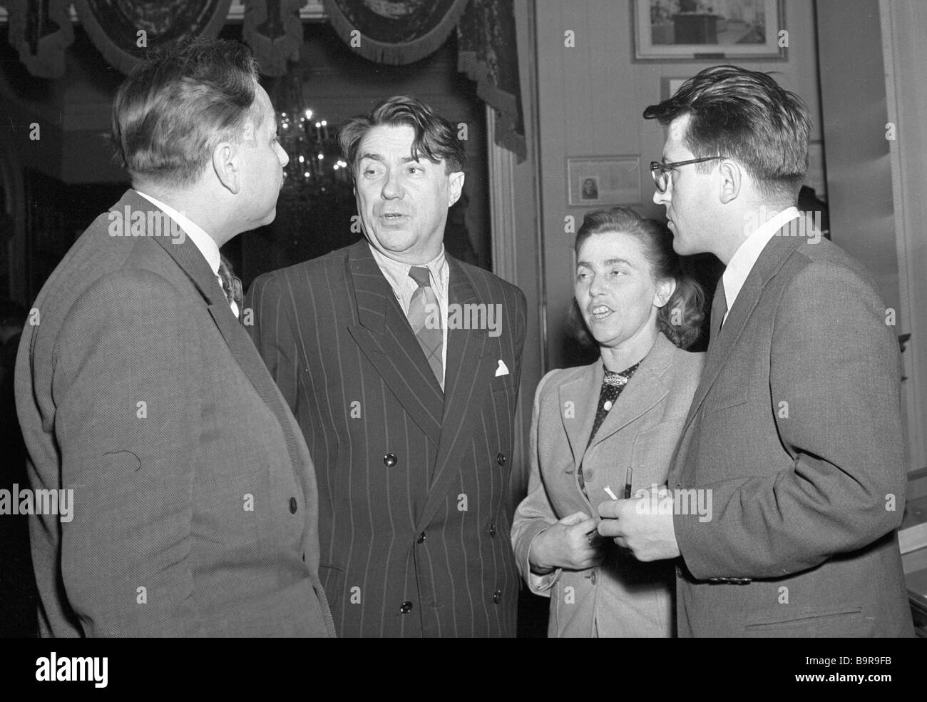 Soviet writer Boris Polevoi second left talks to Yugoslav writers ...