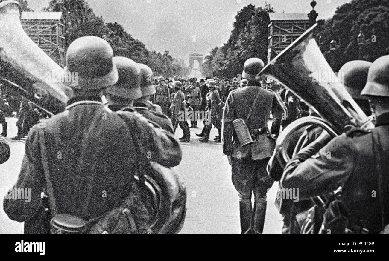 Reproduction of postcard showing German military parade in Paris in ...