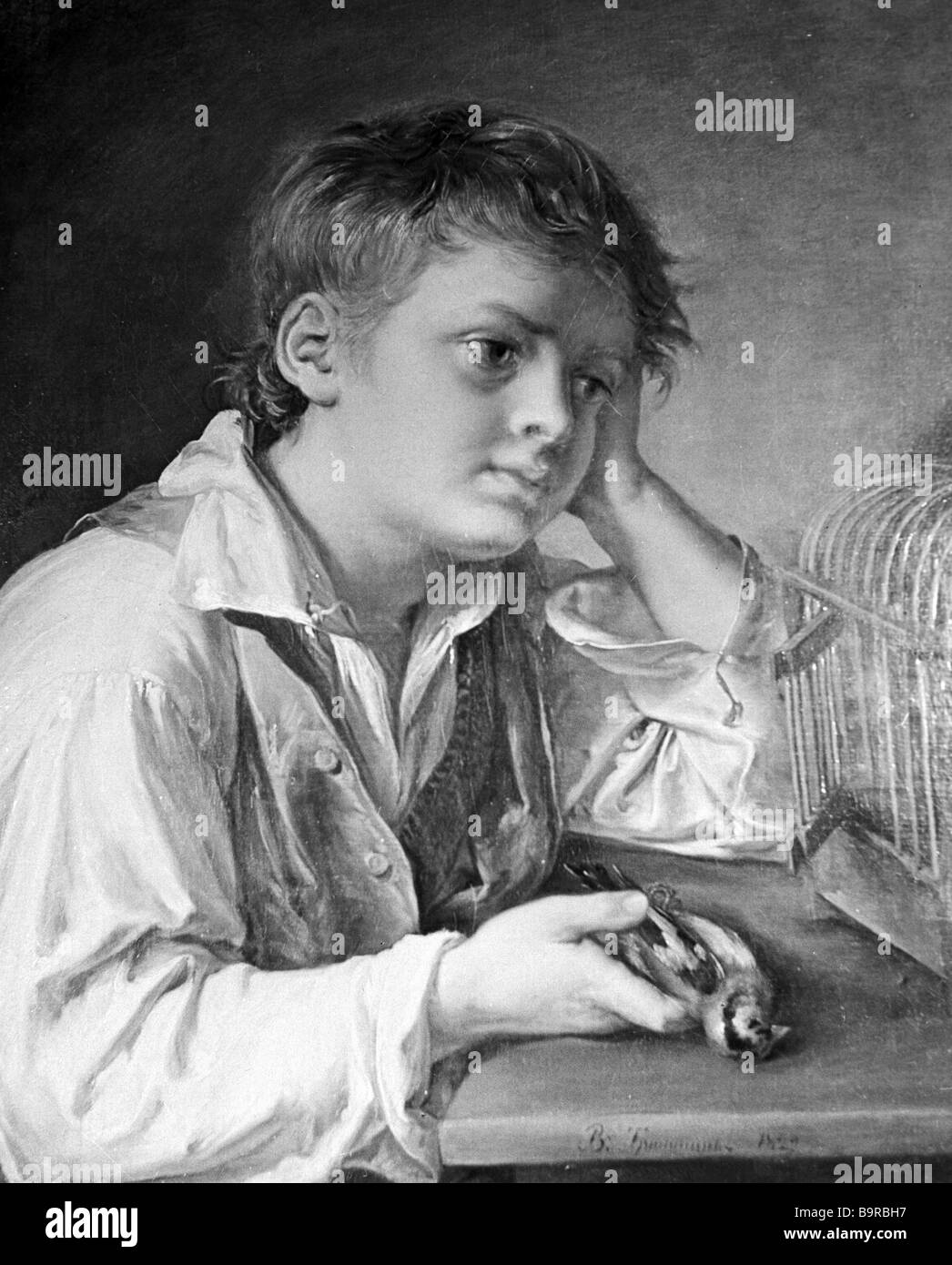 A boy with dead young goldfinch by Vassily Tropinin Replication Stock ...