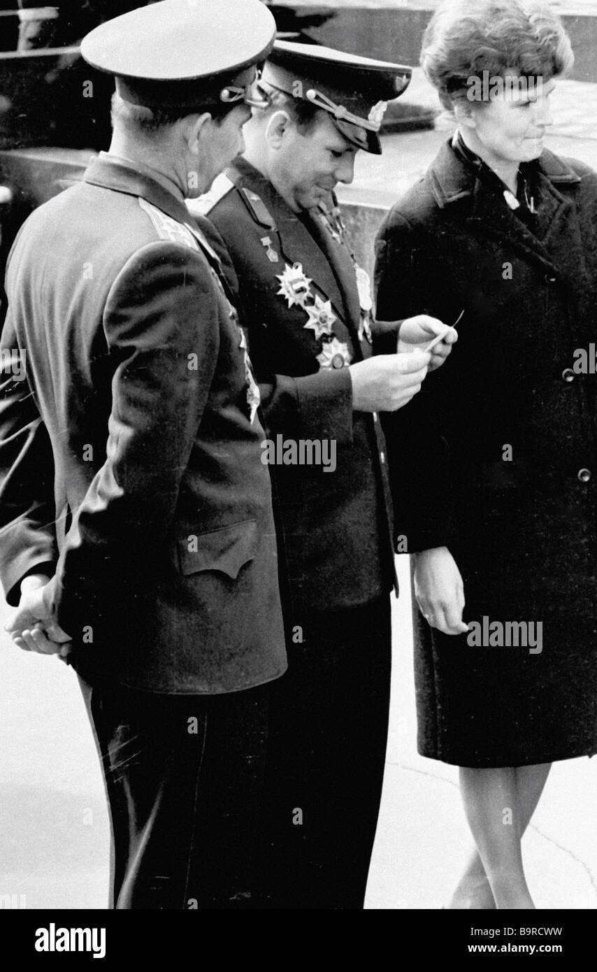 Cosmonauts Valentina Nikolayeva Tereshkova right Yury Gagarin center ...