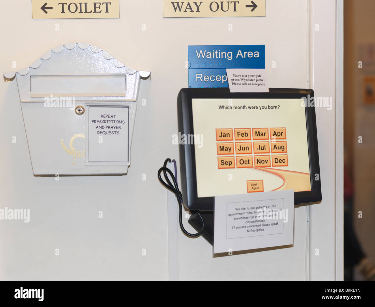 Check in Computer at Doctors Surgery and Prescription Box Stock Photo ...