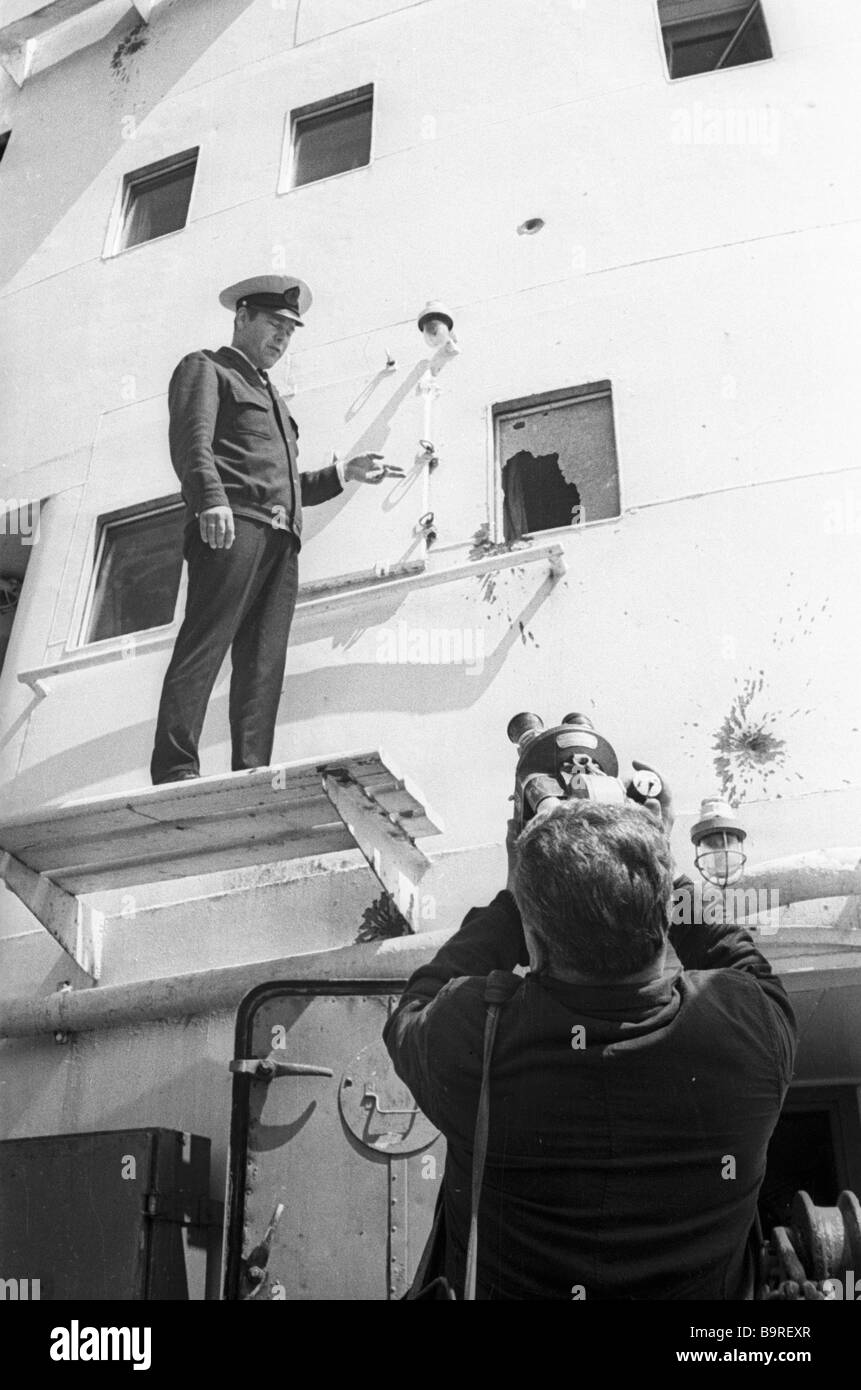 A navigator up of the ship Turkestan showing bullet holes result of an ...