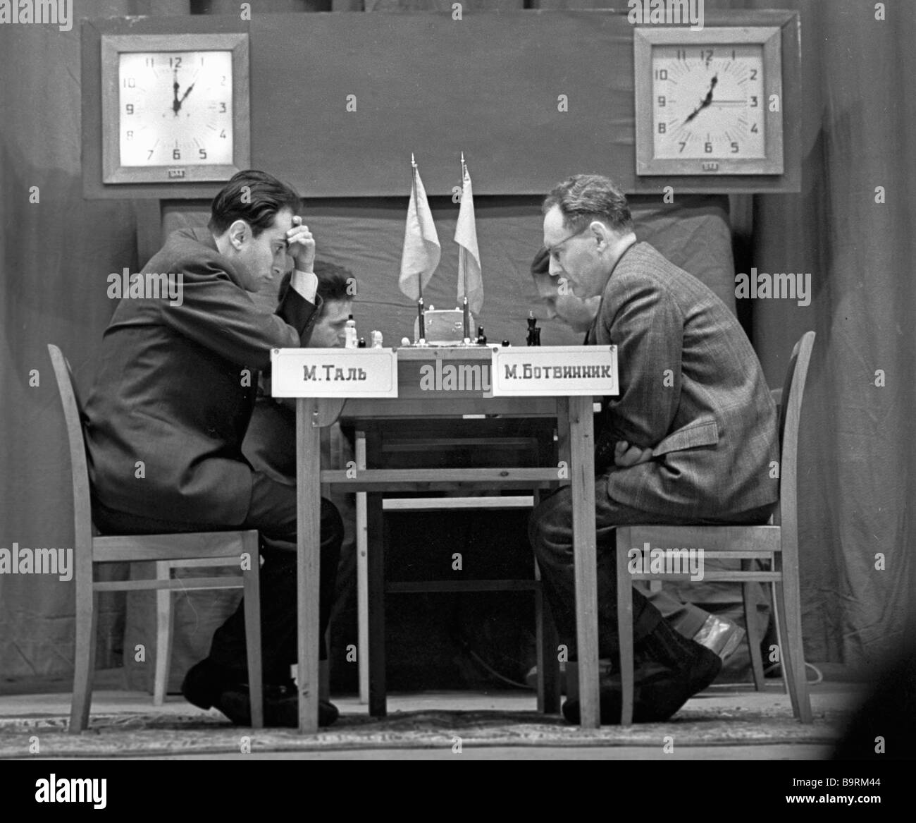 Grand master Mikhail Tahl left and Mikhail Botvinnik right playing the ...