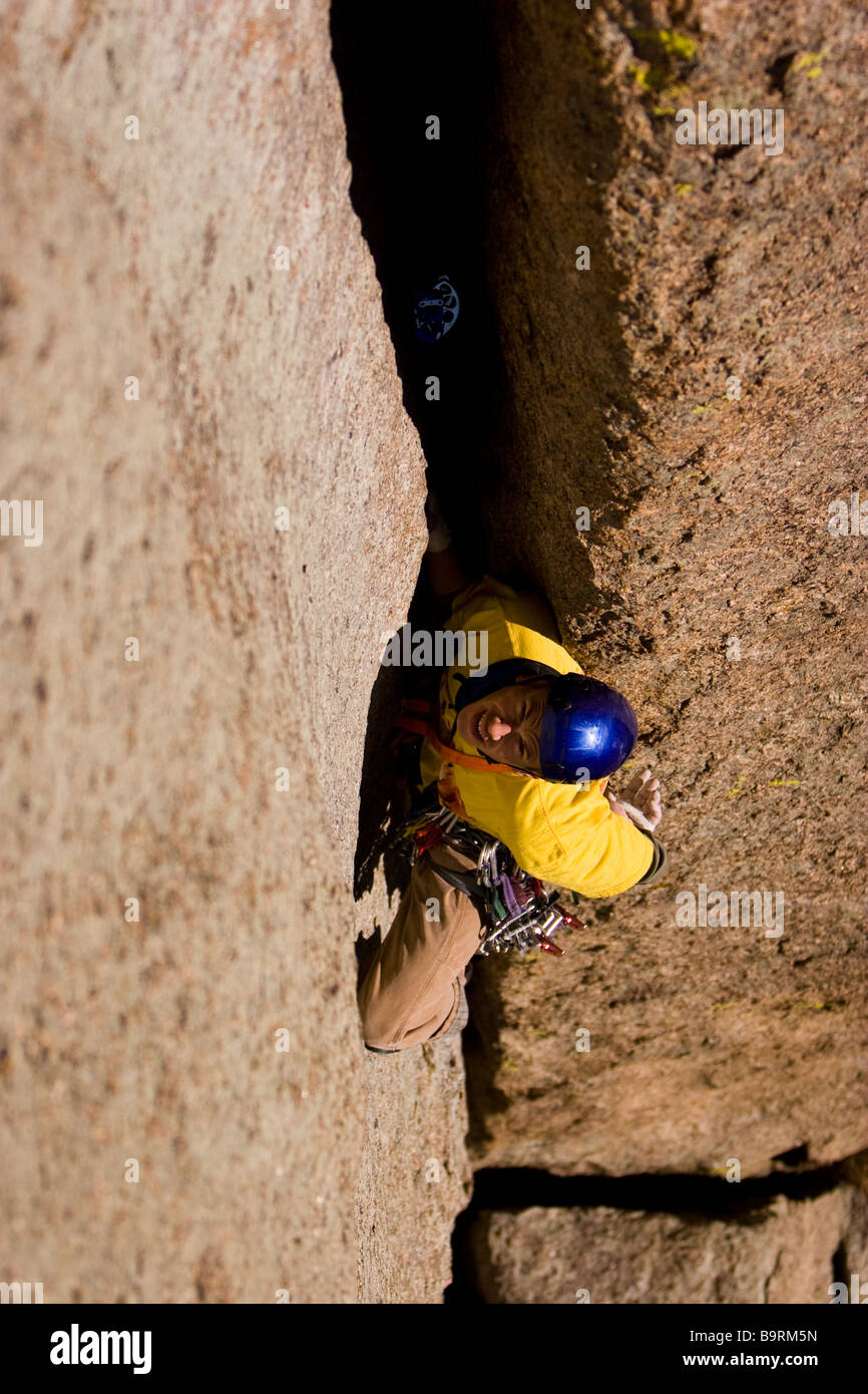 man climbing the Crack of Fear Stock Photo - Alamy
