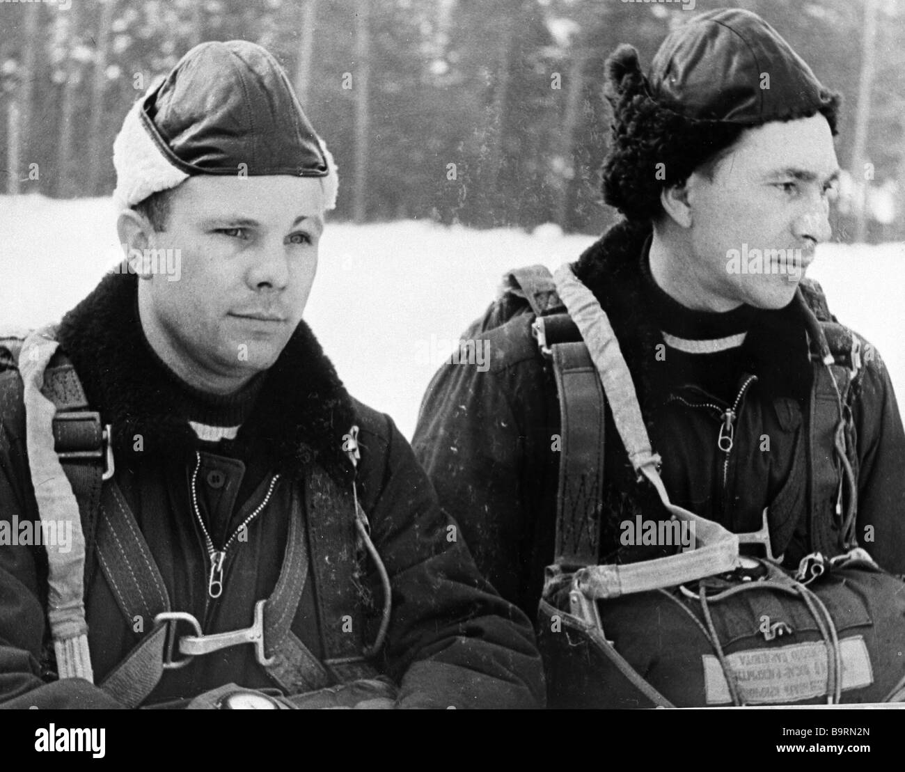 Pilots Gagarin left and Belyayev right at parachute classes Stock Photo ...