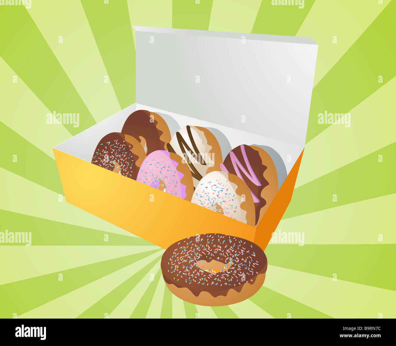 Box of assorted donuts illustration on radial burst Stock Photo - Alamy