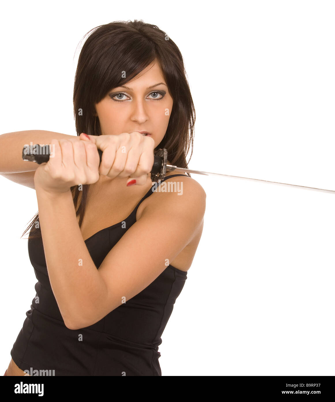 brunette woman with sword on a white background Stock Photo - Alamy