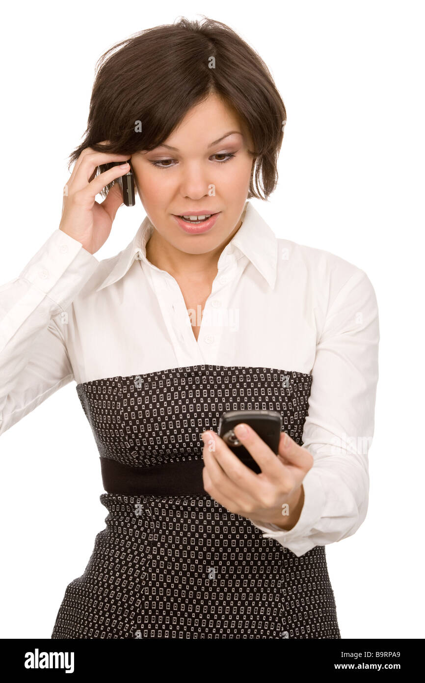 woman with two mobile phones Stock Photo - Alamy