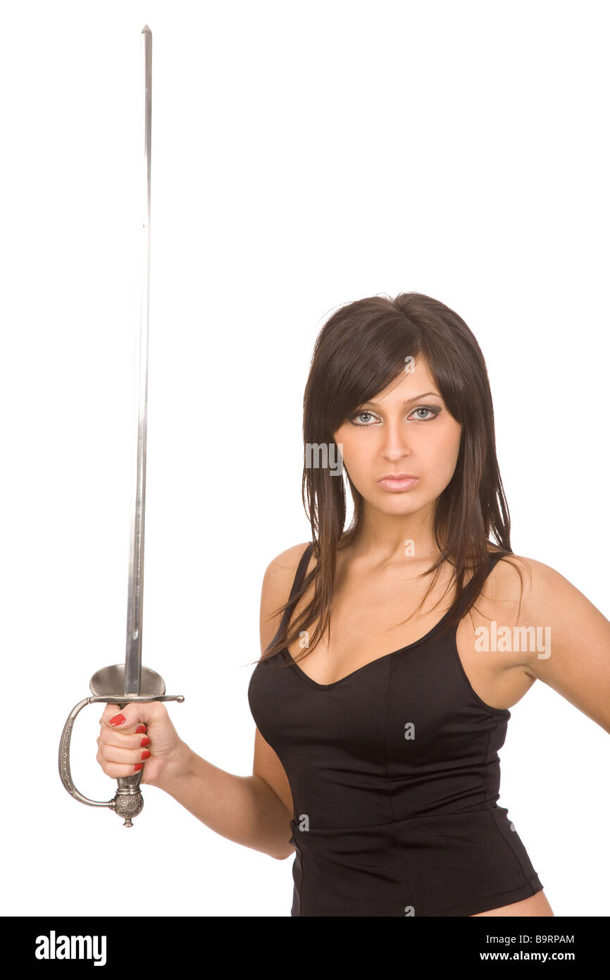 Brunette woman sword on white hi-res stock photography and images - Alamy