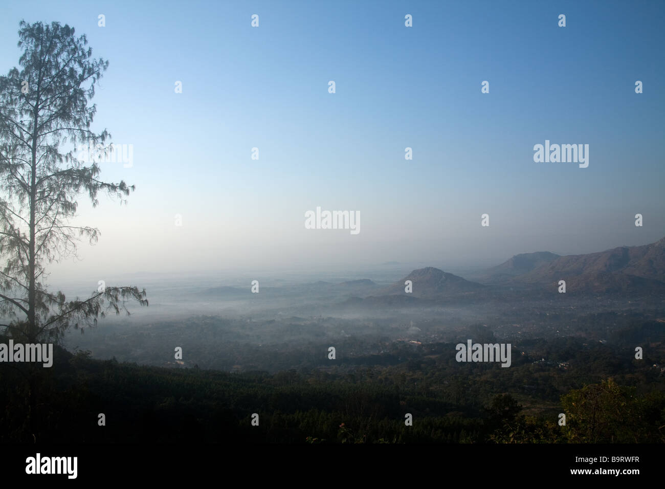 A view across Zomba and distant hills from the Zomba Plateau Stock ...