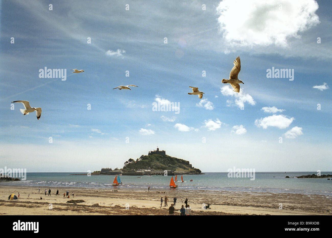 Sea Gulls fly over Marazion beach with St Michaels Mount behind ...
