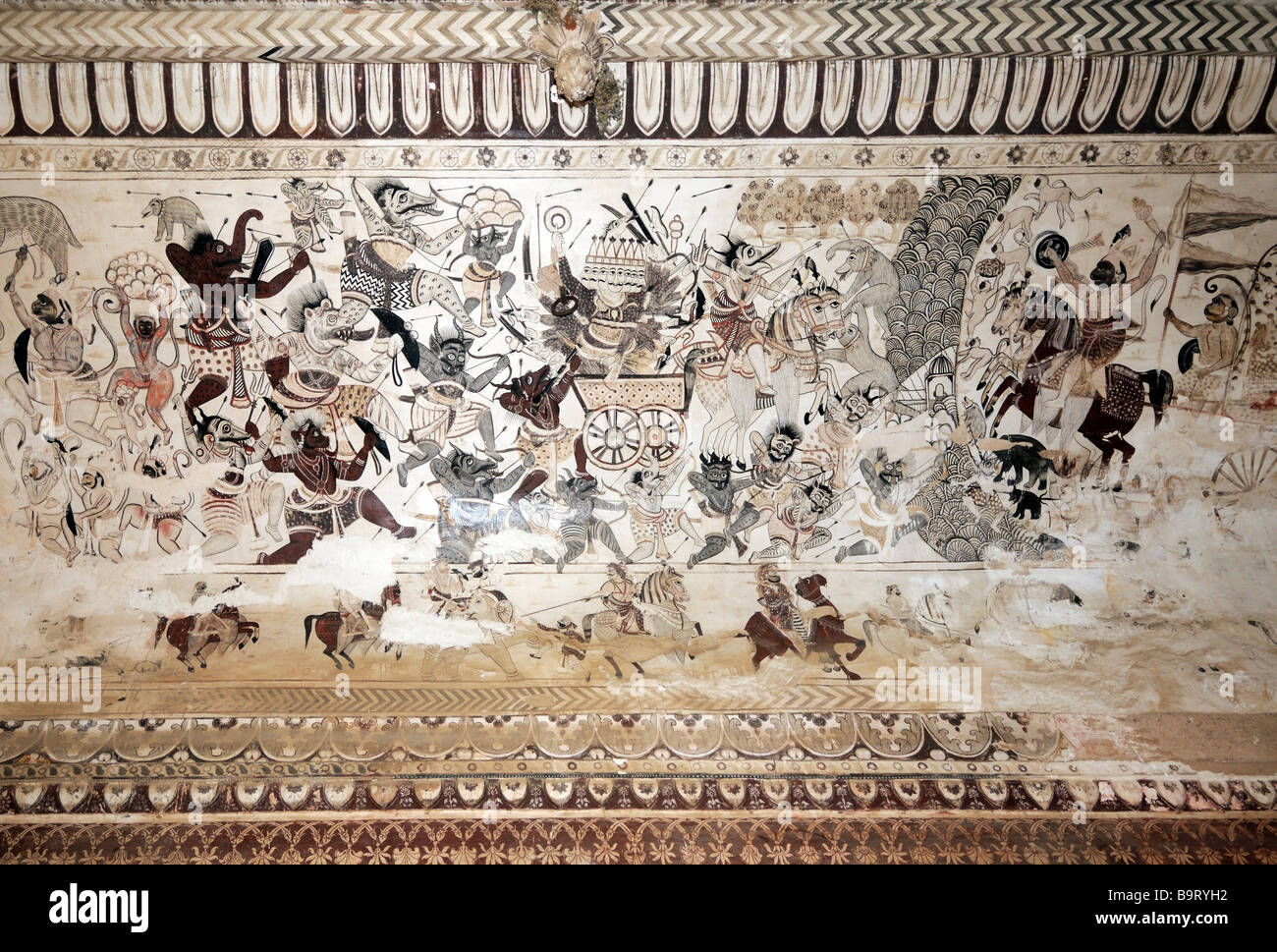 Mural of demons in battle at the Laxmi or Lackshmi Narayan temple in ...