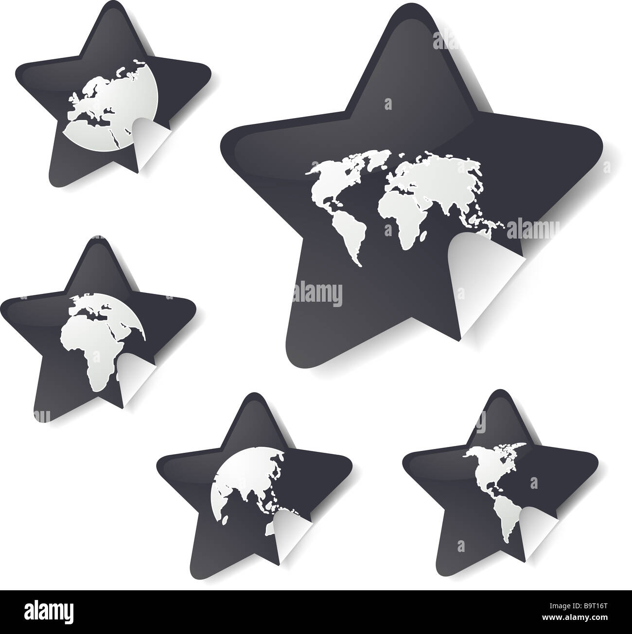 World map icons on star sticker shapes Stock Photo - Alamy