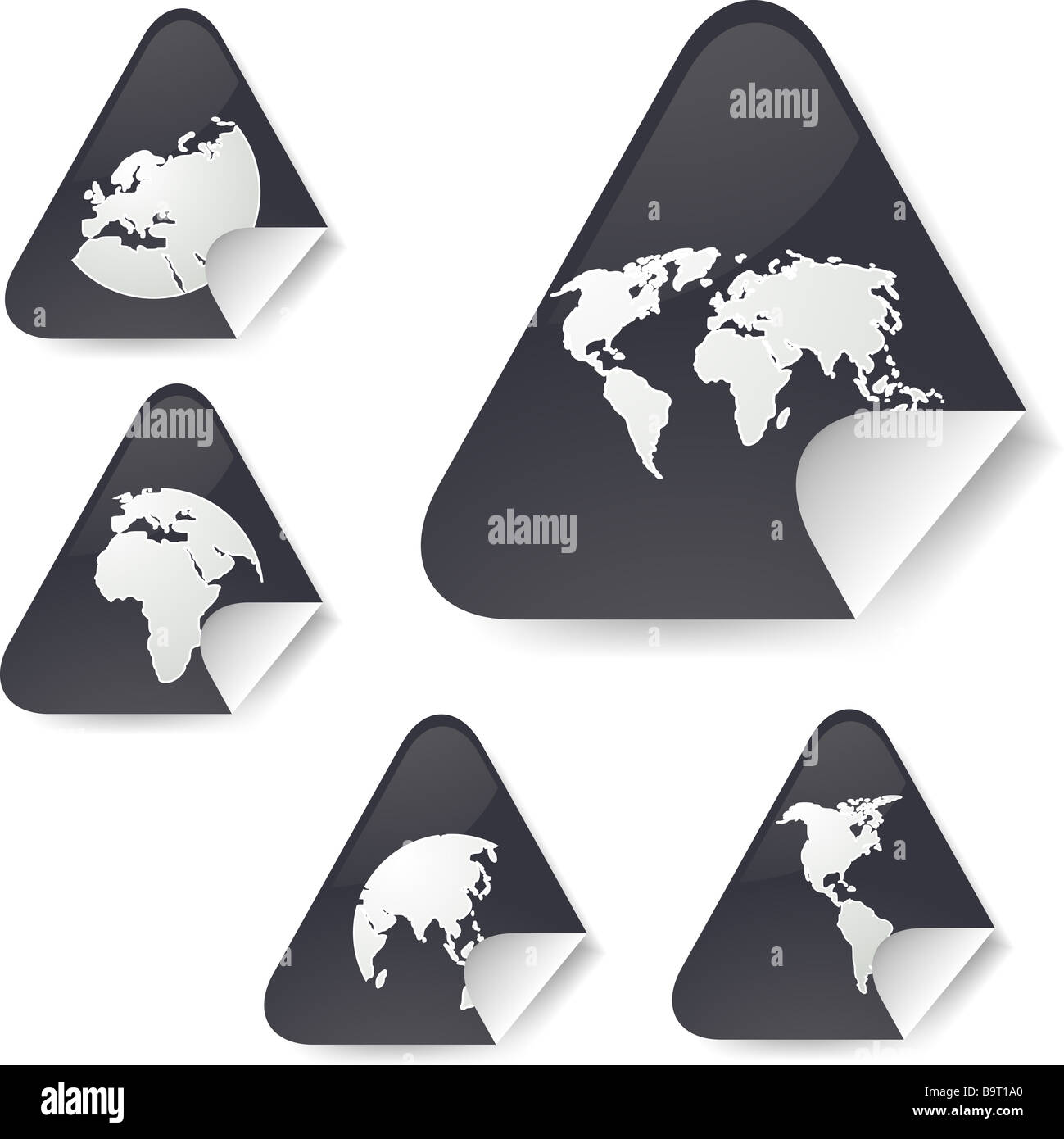 World map icons on triangle sticker shapes Stock Photo - Alamy