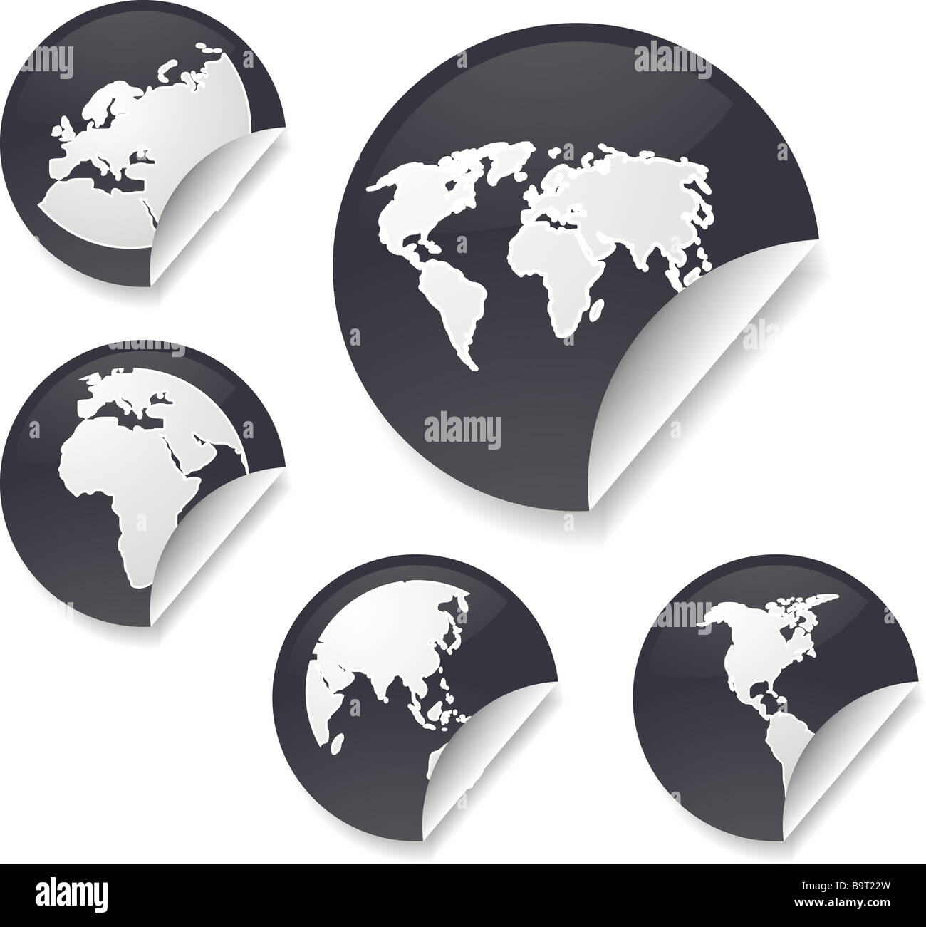 World map icons on round sticker shapes Stock Photo - Alamy