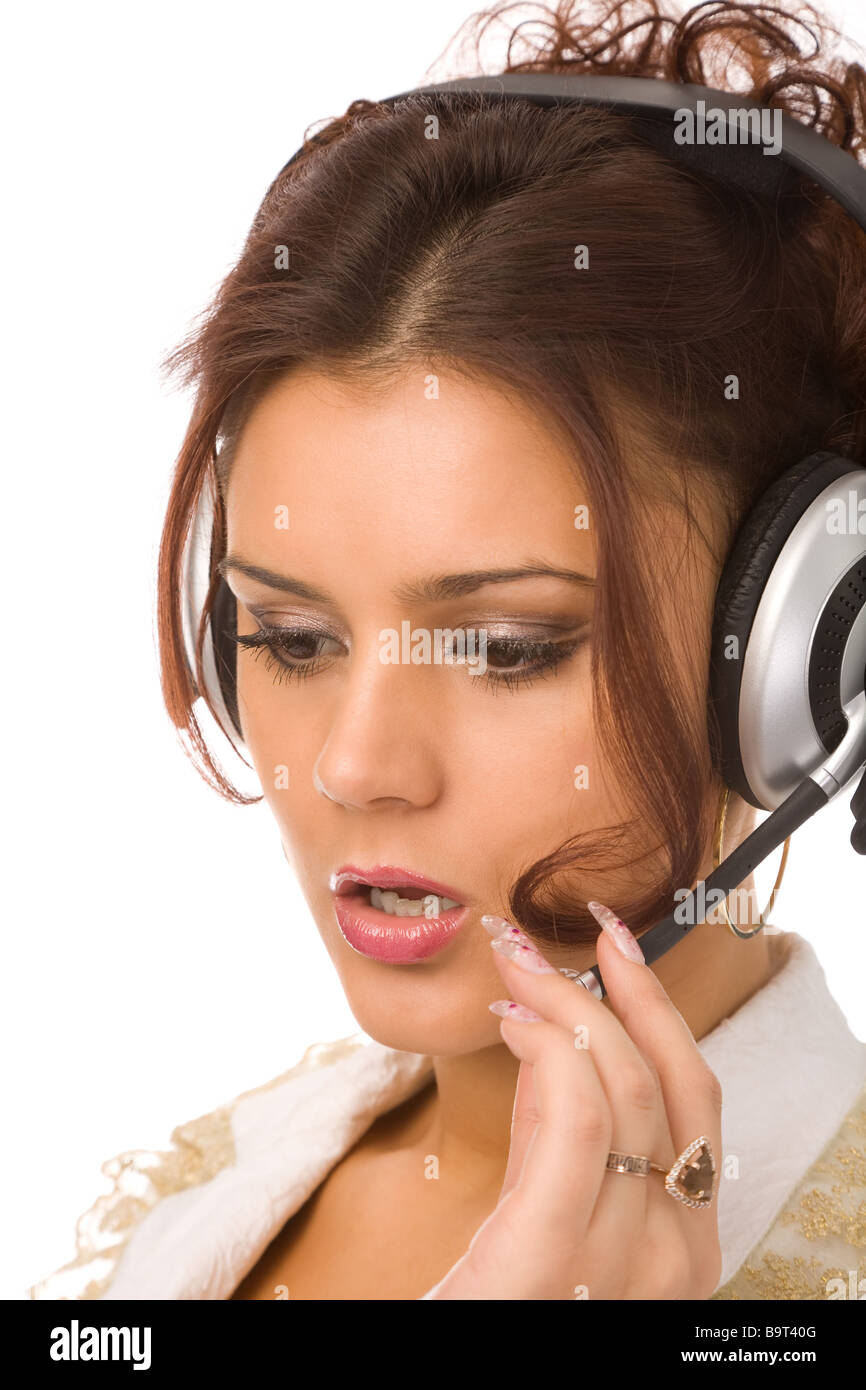 brunette woman with headset on white background Stock Photo - Alamy