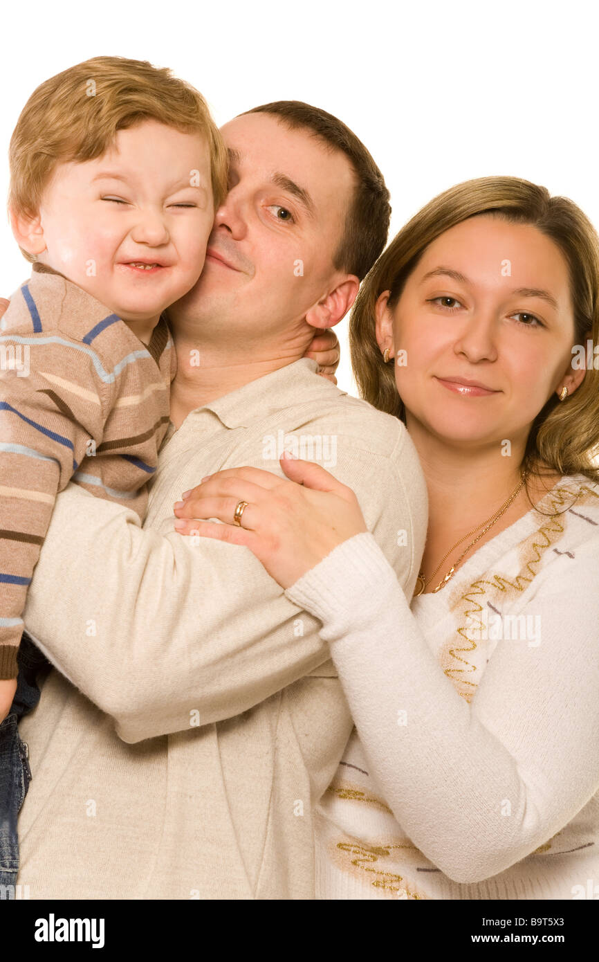 family from three people isolated on white background Stock Photo - Alamy