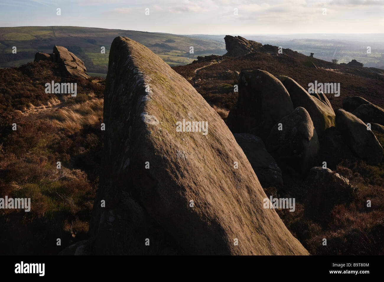 Gritstone boulders at Ramshaw Rocks, Peak District National Park, near ...