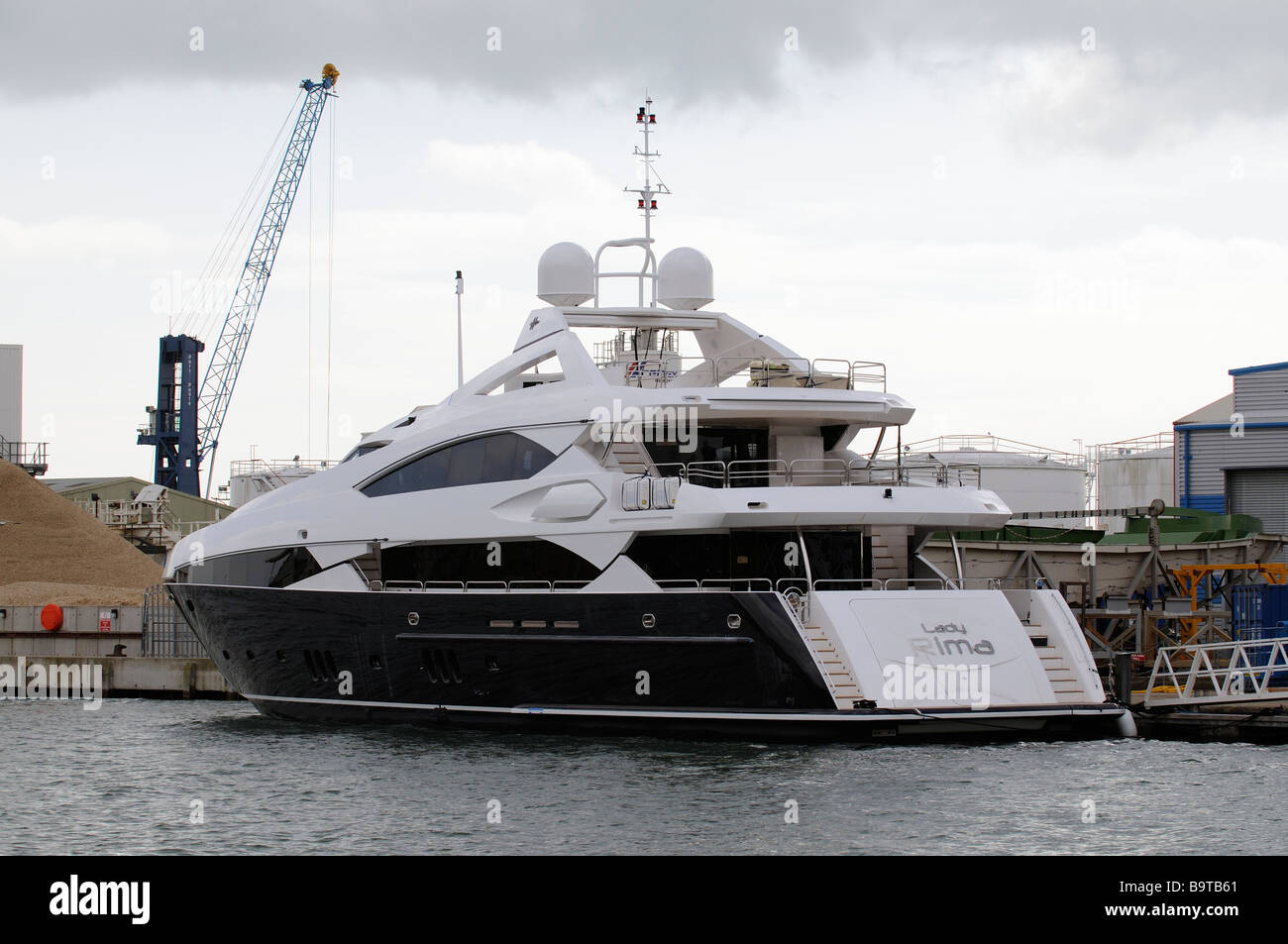 Sunseeker boat Lady Rima alongside Sunseekers boatyard on Poole Harbour ...
